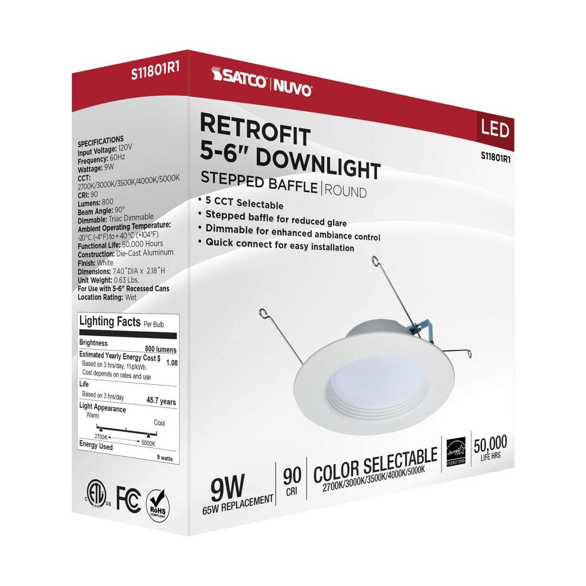 9 Watt LED Downlight Retrofit; 5-6 Inches; CCT Selectable